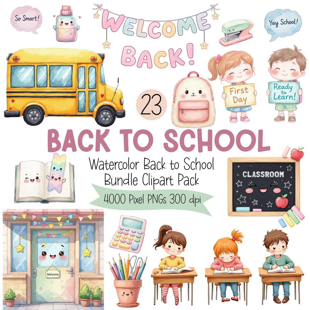 Watercolor Back to School Clipart Bundle, Cute Classroom PNG, Kids ...