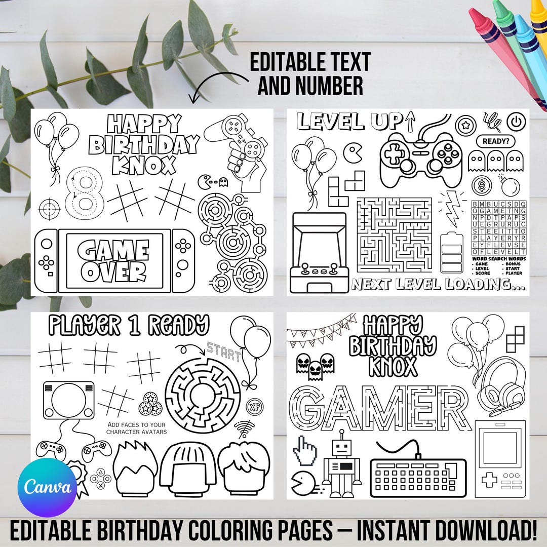 Editable Gamer Birthday Coloring Pages | Video Game Activity Sheets ...