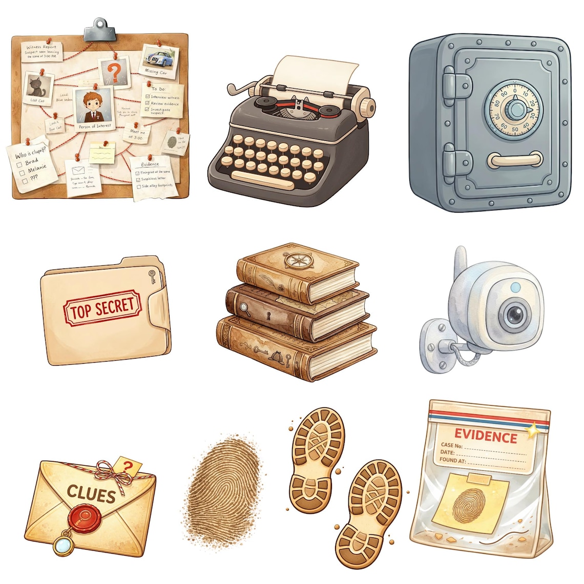 Kid Detective Clipart Bundle, Watercolor Mystery Party PNG, Vintage ...