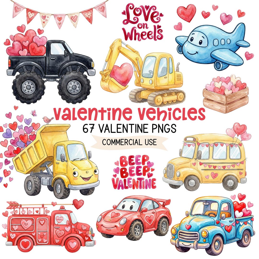 Valentine Vehicles Clipart, Watercolor Truck & Car Valentine Pngs, Kids ...