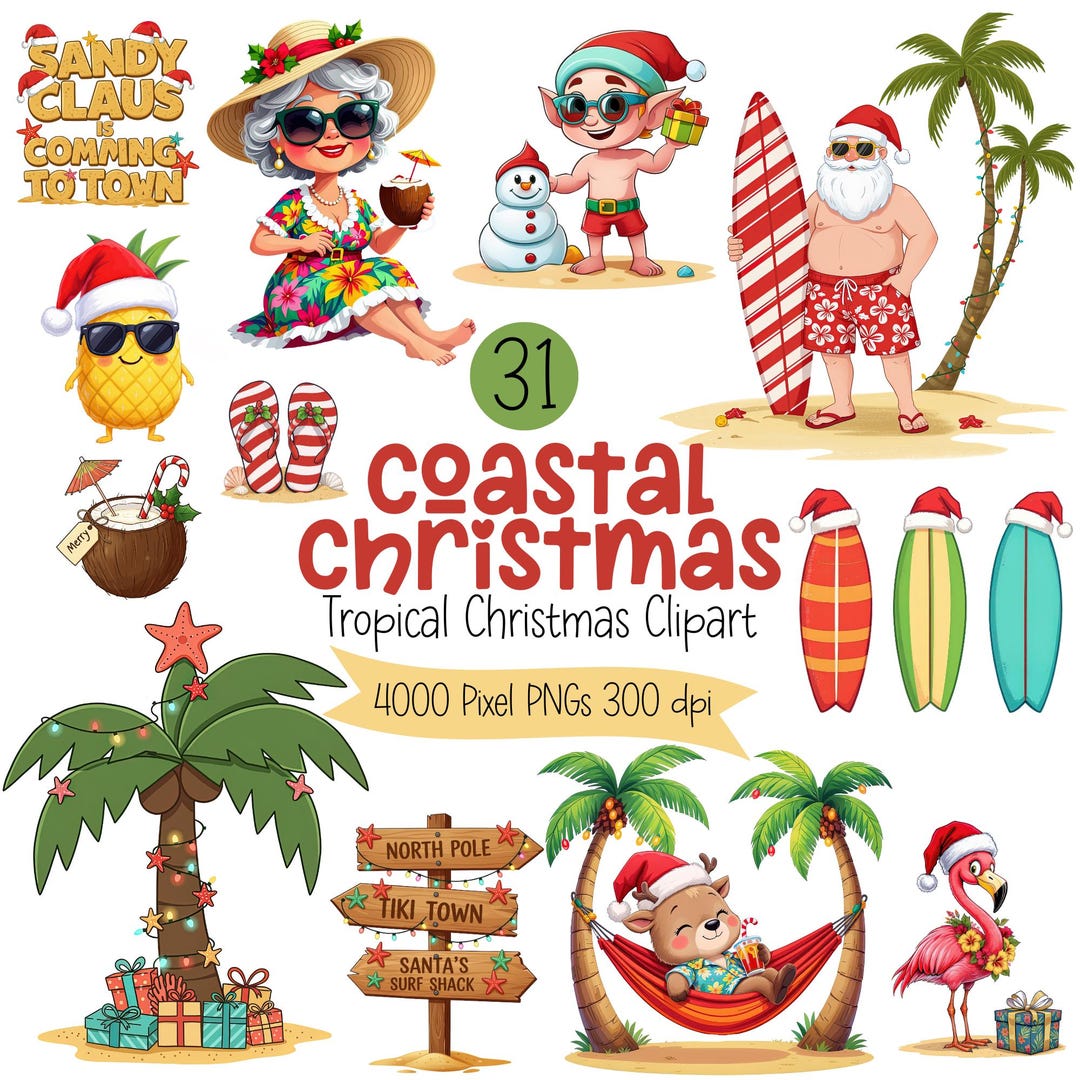 Coastal Christmas Clipart Tropical Beach Holiday Pngs | Surfing Santa ...