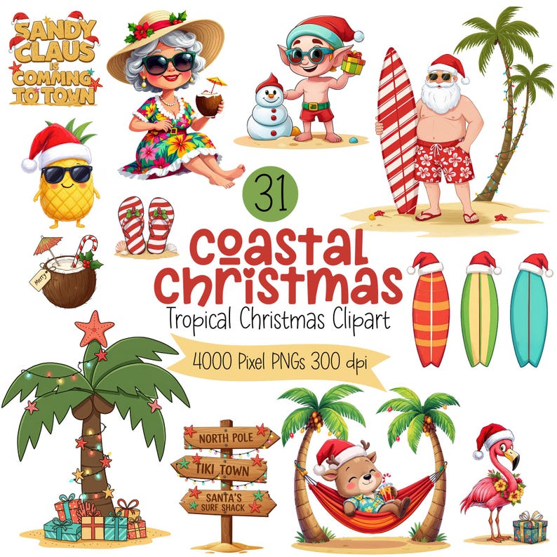 Coastal Christmas Clipart Tropical Beach Holiday Pngs | Surfing Santa ...