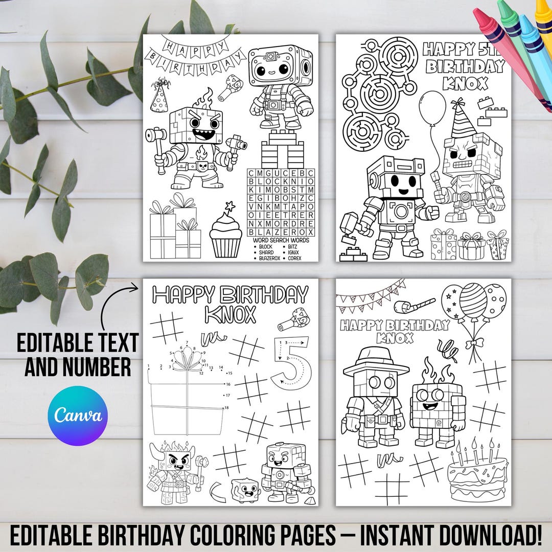 Blocky Robot Birthday Coloring Pages, Printable Builder Game Coloring ...
