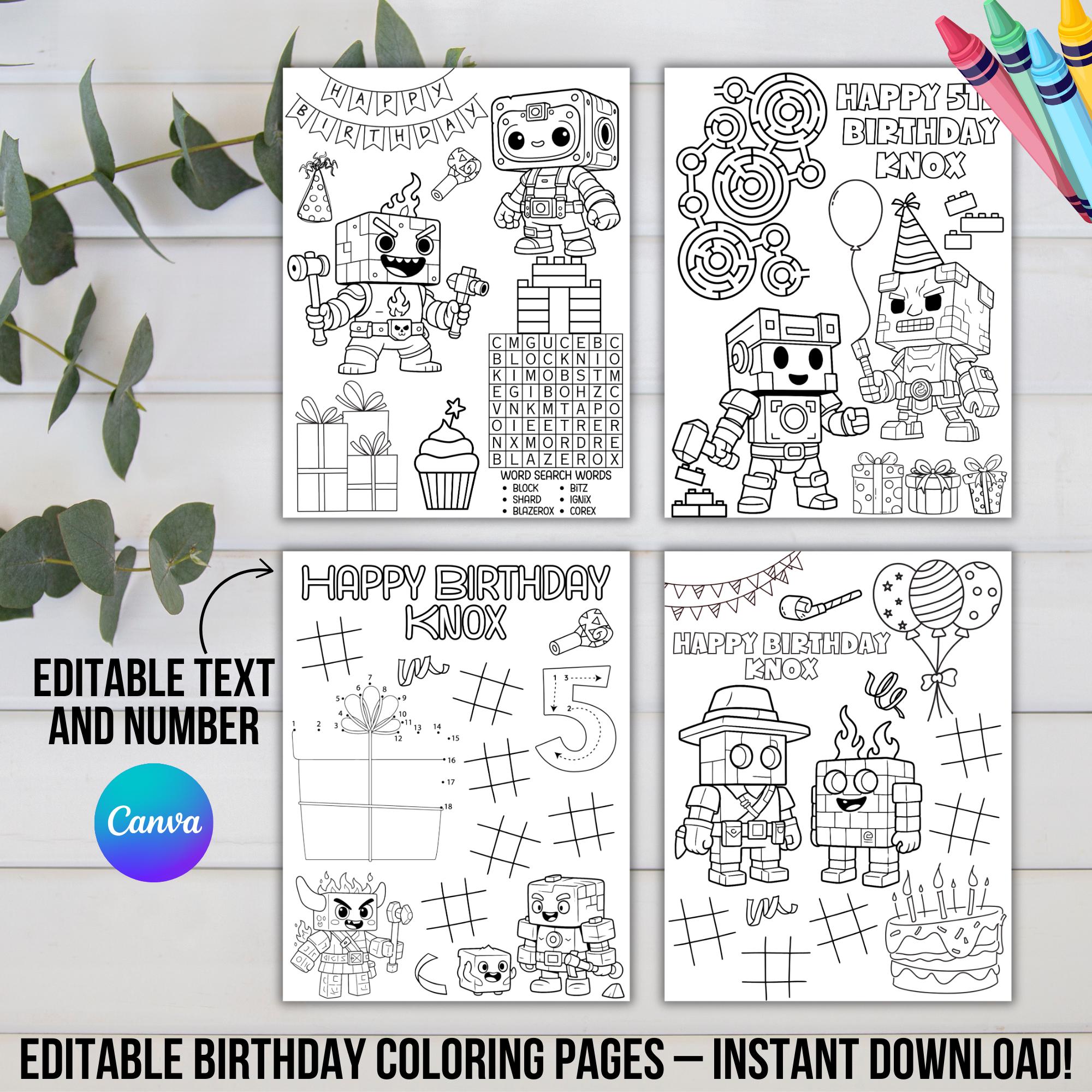 Blocky Robot Birthday Coloring Pages, Printable Builder Game Coloring ...