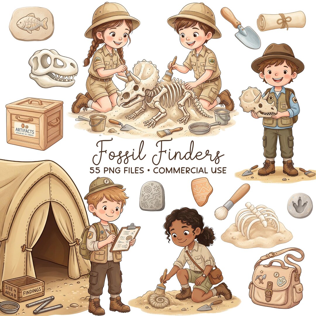 Dinosaur Archaeology Clipart Set, Paleontologist PNG Bundle, Kids ...