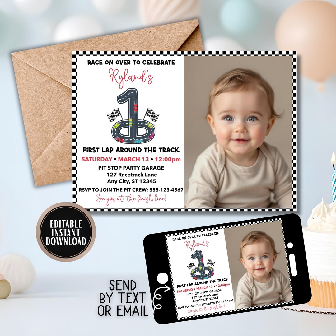 Race Track First Birthday Invitation | Editable Photo Template | Racing ...