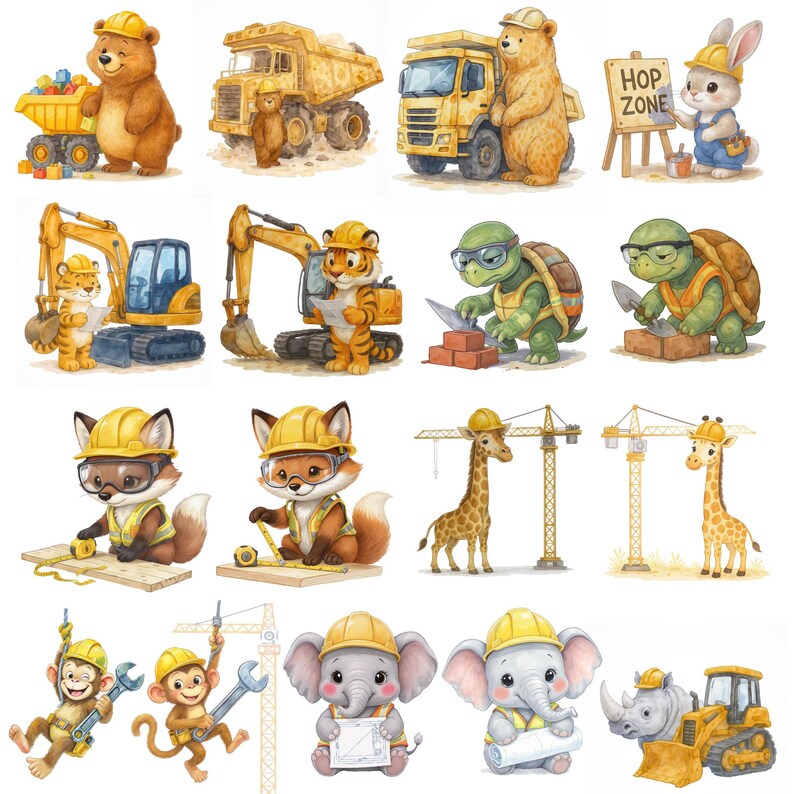 Construction Animal Clipart Set | Builder Animal Pngs | Watercolor ...