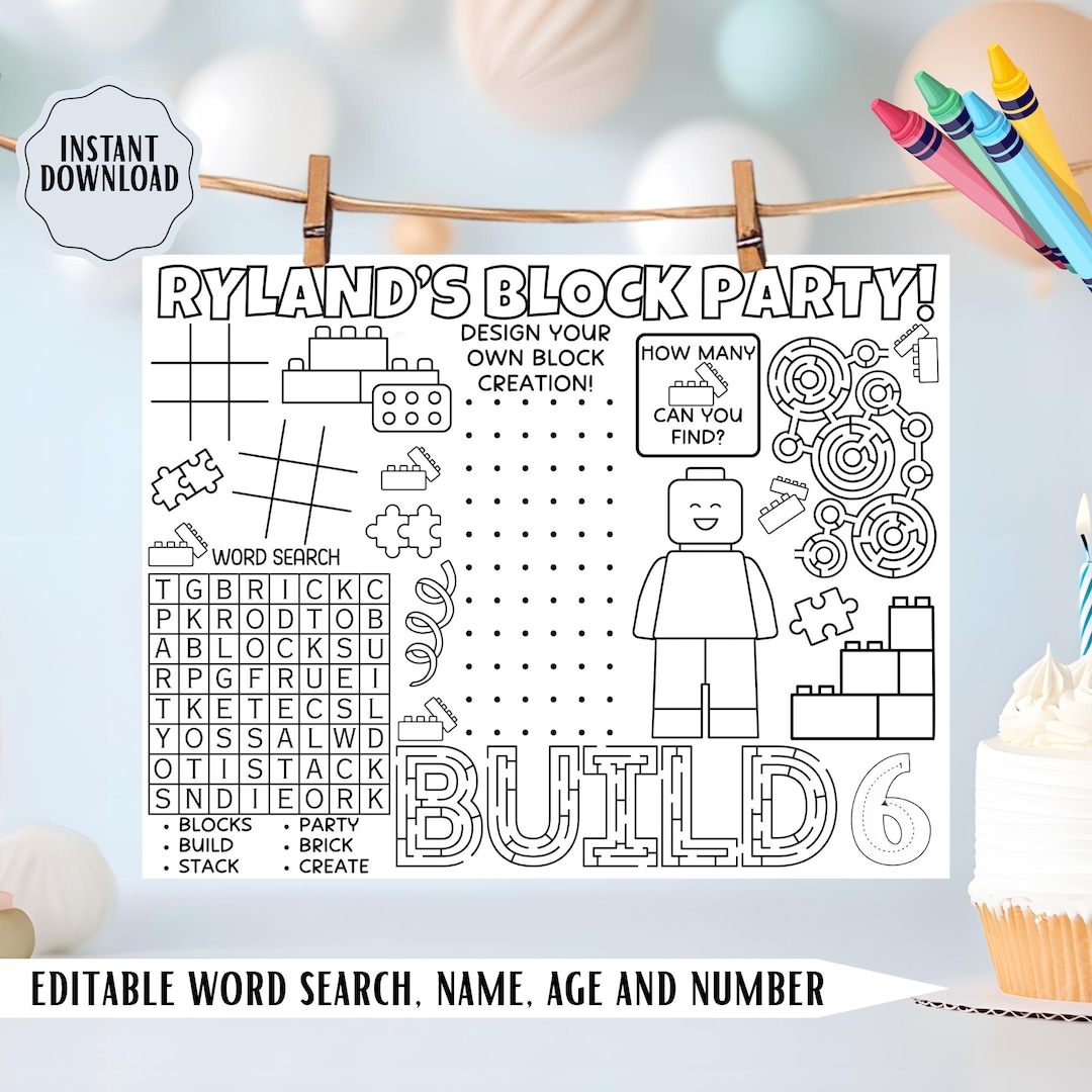 Building Blocks Birthday Activity Placemat – Builder Party Coloring Mat ...