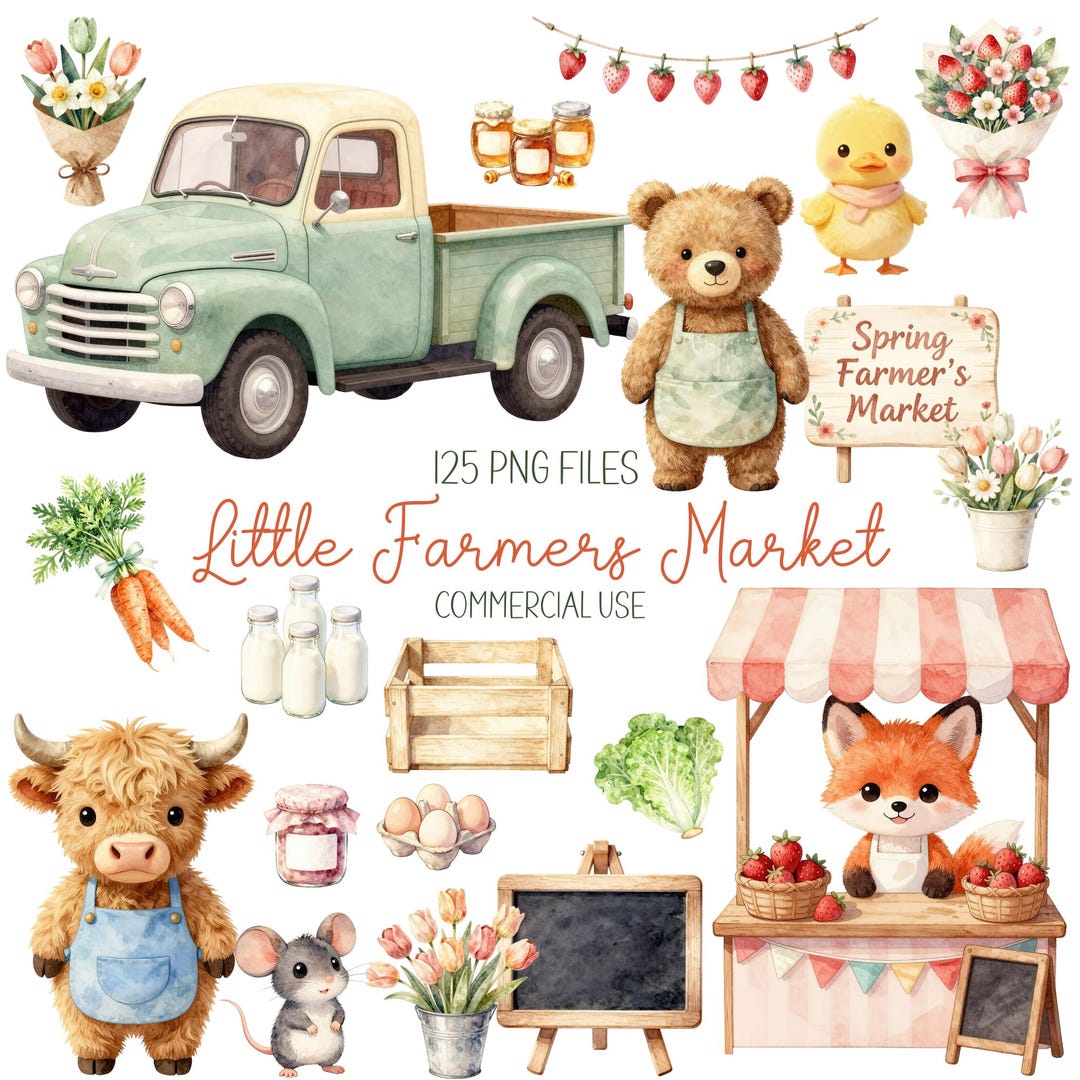 Farmers Market Clipart Bundle, Spring Farm Animals Watercolor PNG ...