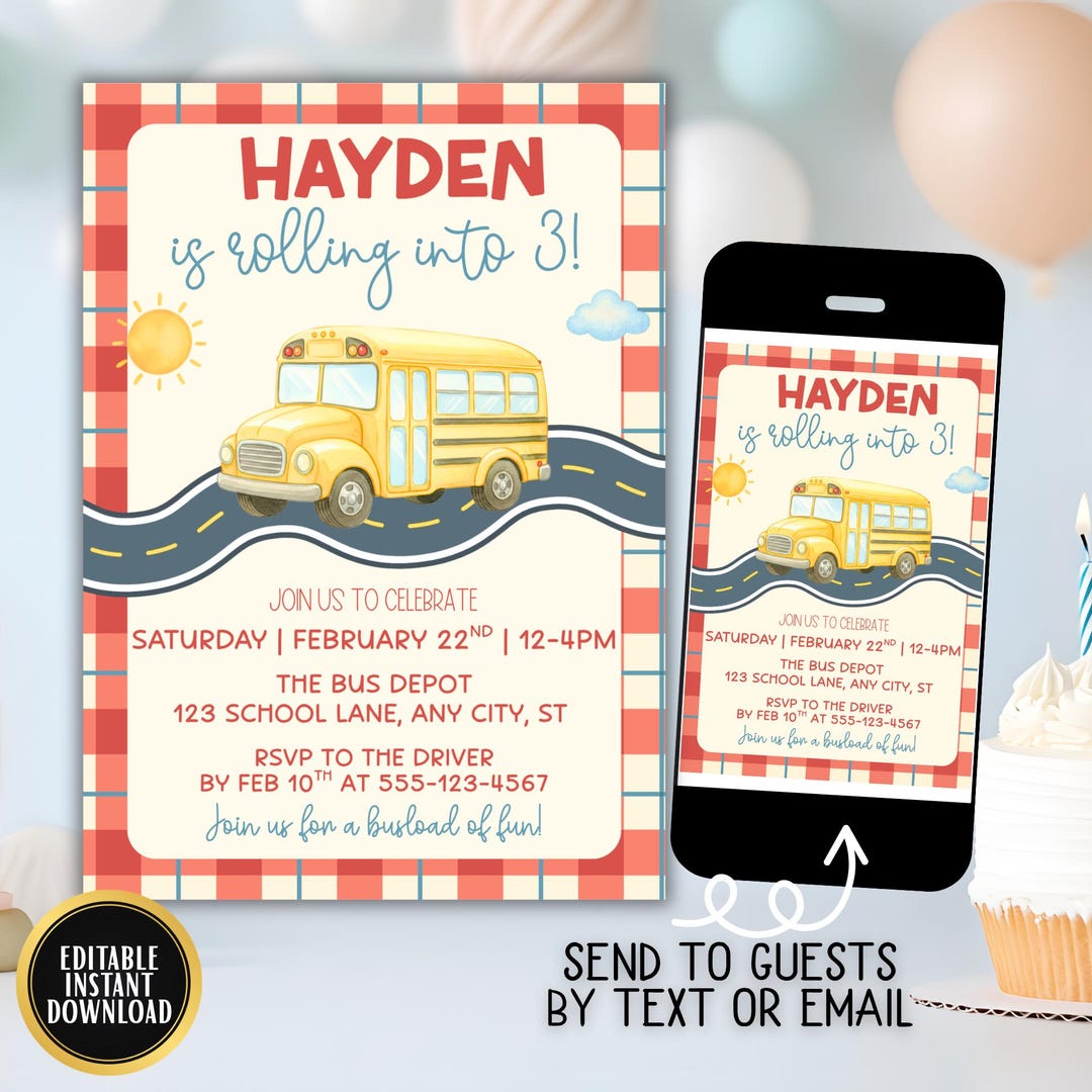 Transportation Birthday Invitation: Editable School Bus Template ...