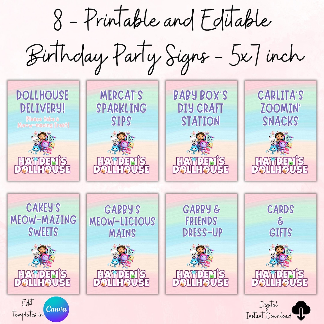 Gabby's Dollhouse Birthday Party-food Signs, Editable Party Favor Signs ...