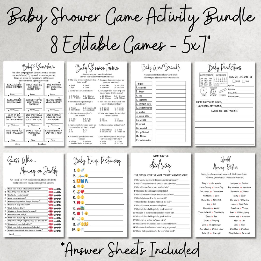 Baby Shower Games Bundle – Printable Activity Pack, Showdown, Guess Who ...