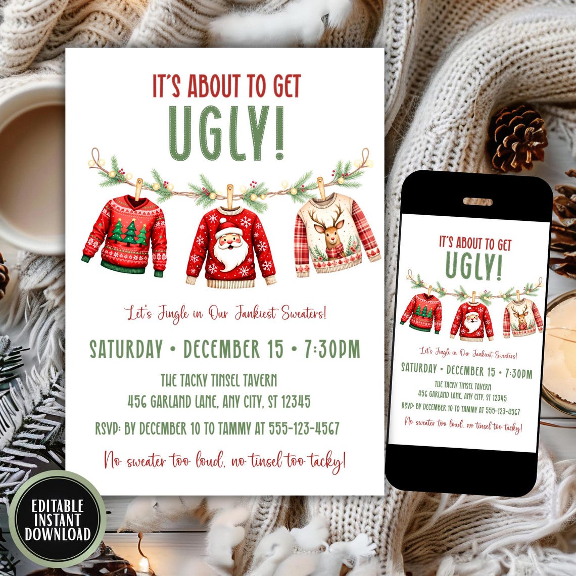 Ugly Sweater Christmas Party Invitation: Editable Holiday Invite ...