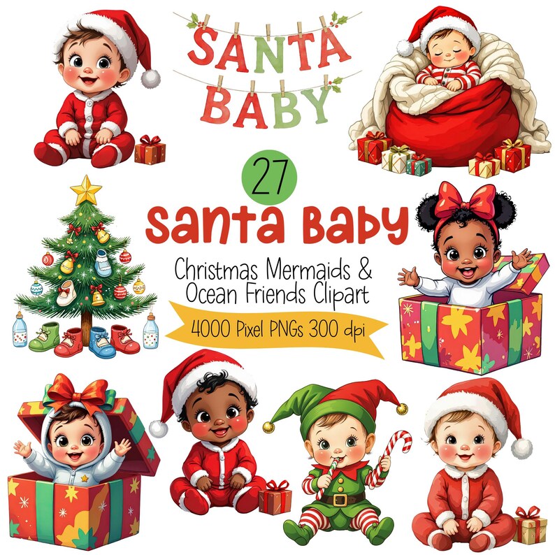 Santa Baby Christmas Clipart Bundle – 27 Holiday PNG Graphics | Festive ...