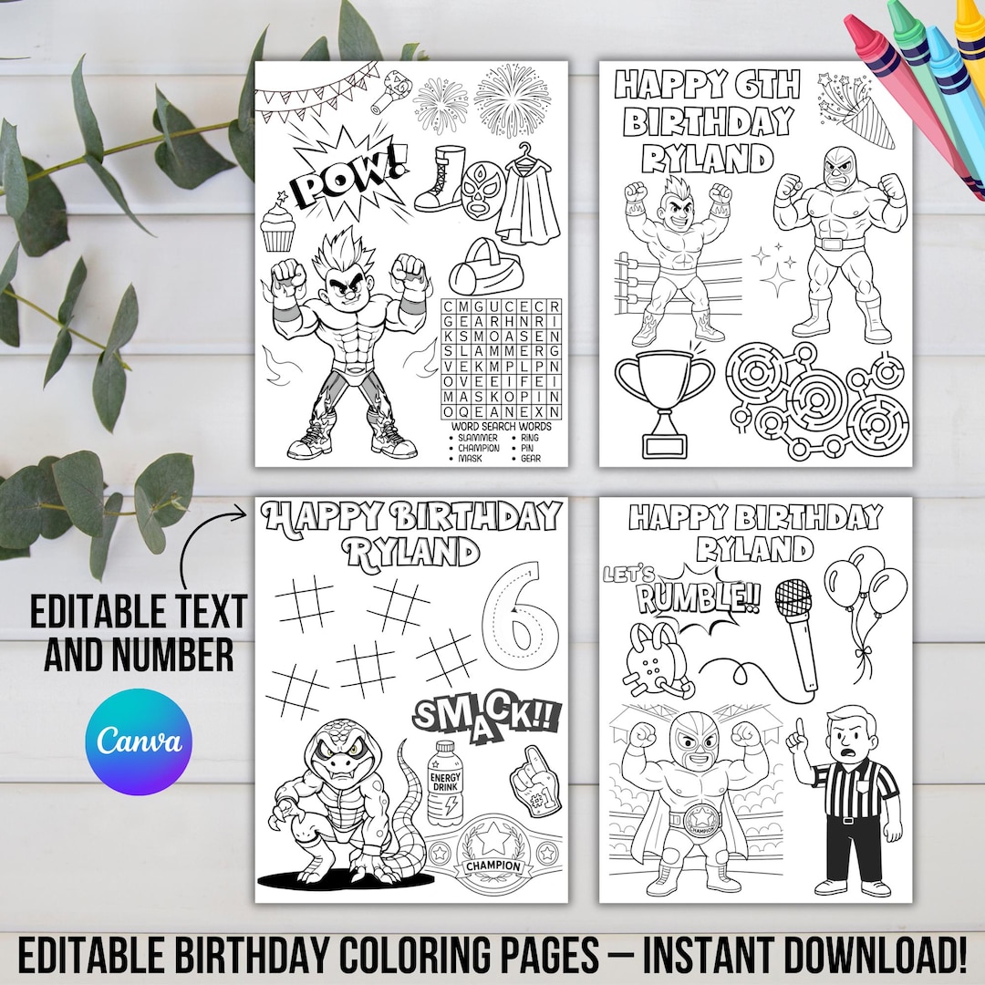 Wrestling Birthday Coloring Pages, Comic Style Wrestlers Party Activity ...