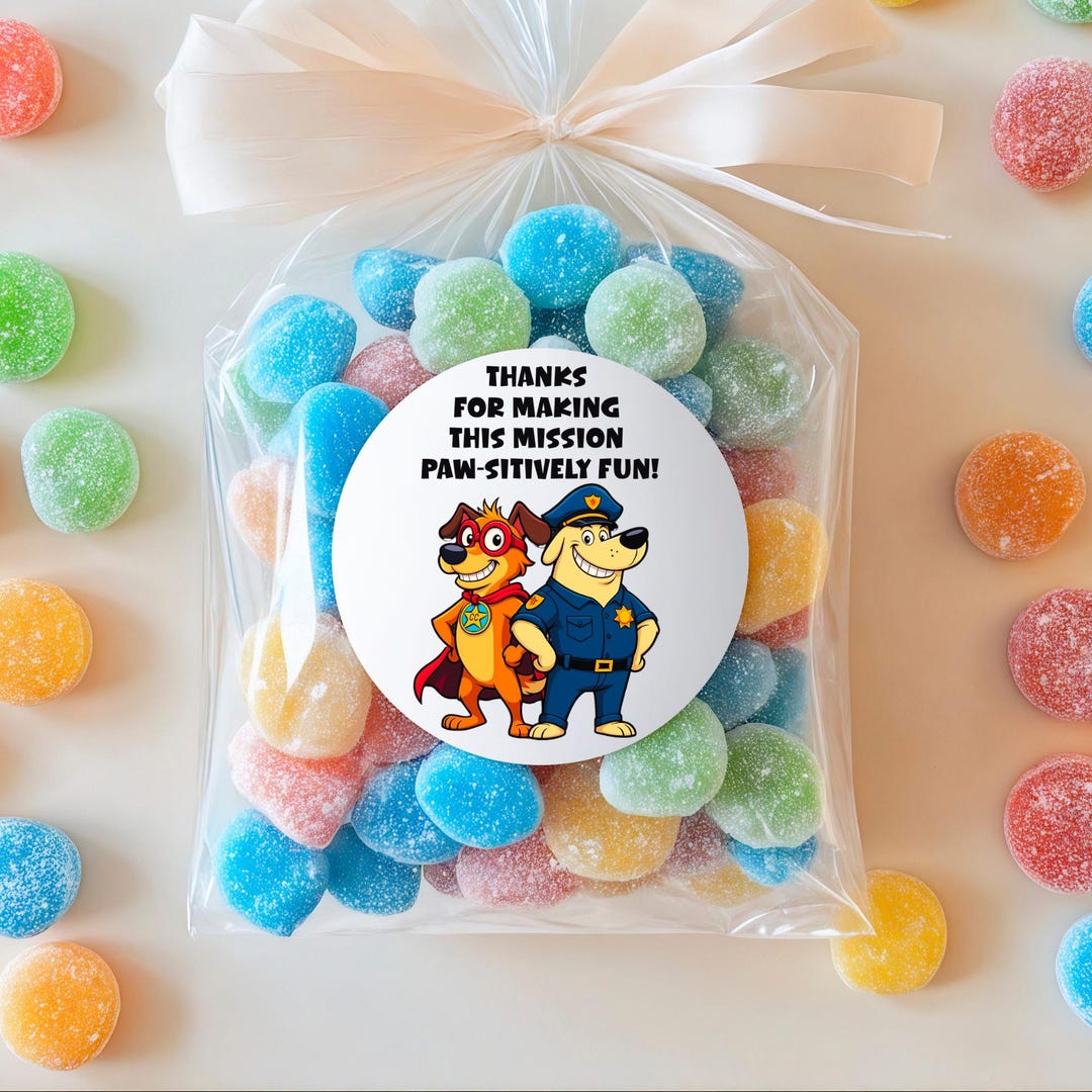 Commander Canine™ Party Favor Tags • Funny Dog Hero Birthday Stickers ...