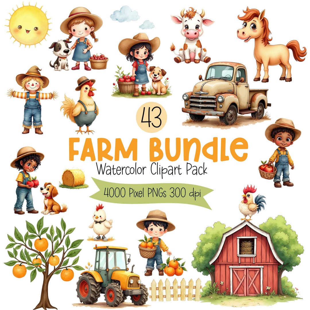 Farm Animals Clipart Bundle | Watercolor Kids Tractor Barnyard PNG Set ...