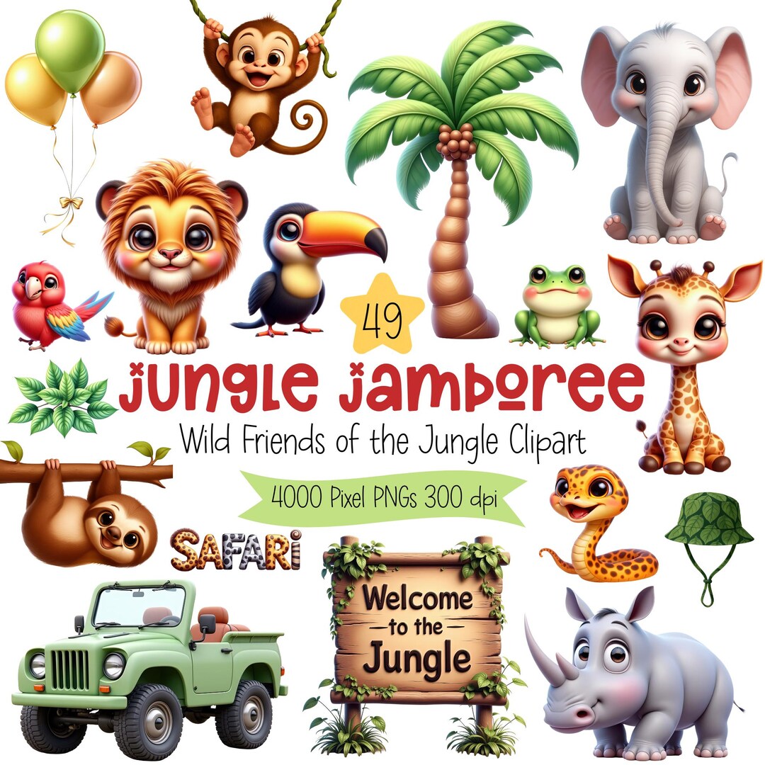 Jungle Safari Animals Clipart – Wild Jungle Friends Pngs, Cute Tropical ...
