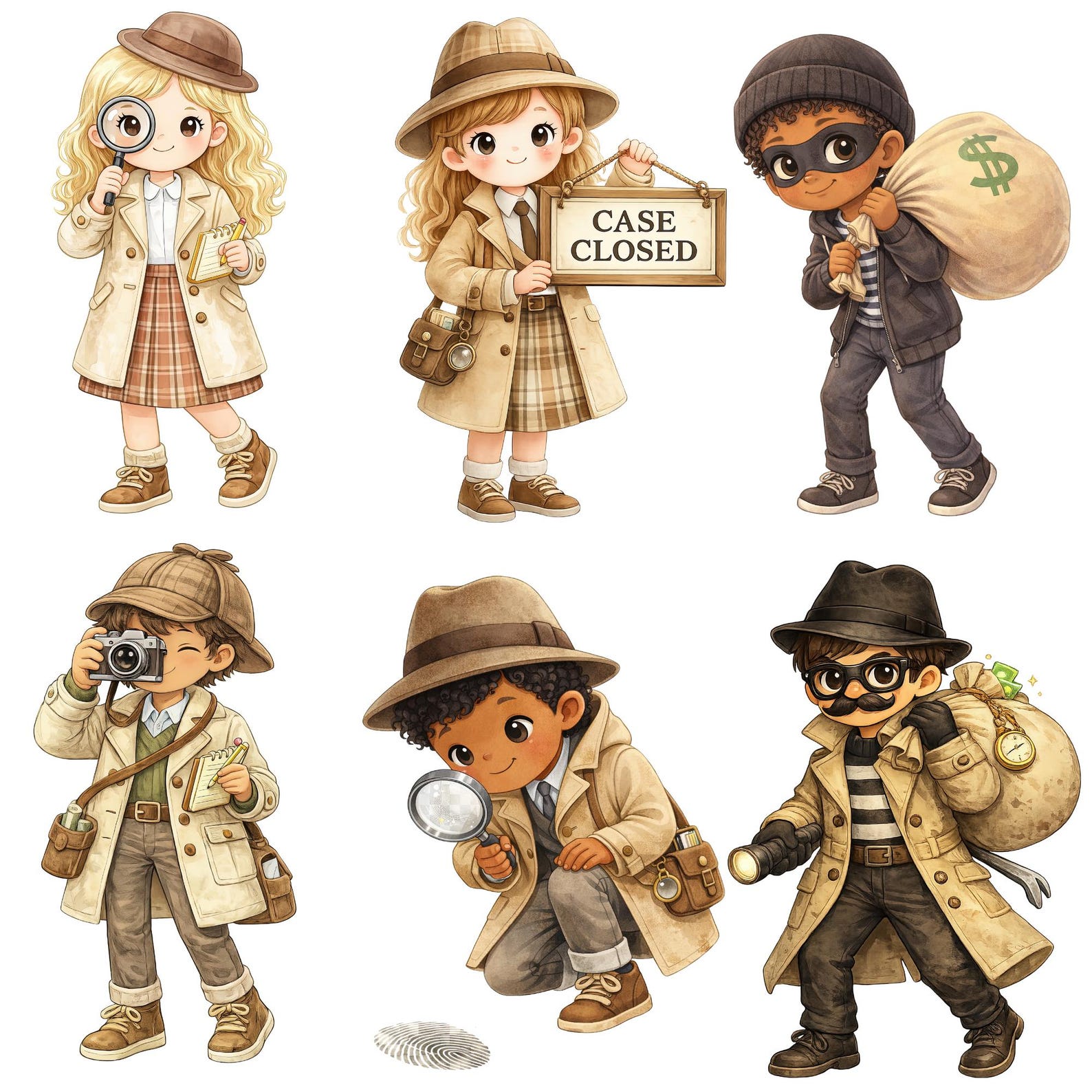 Kid Detective Clipart Bundle, Watercolor Mystery Party PNG, Vintage ...