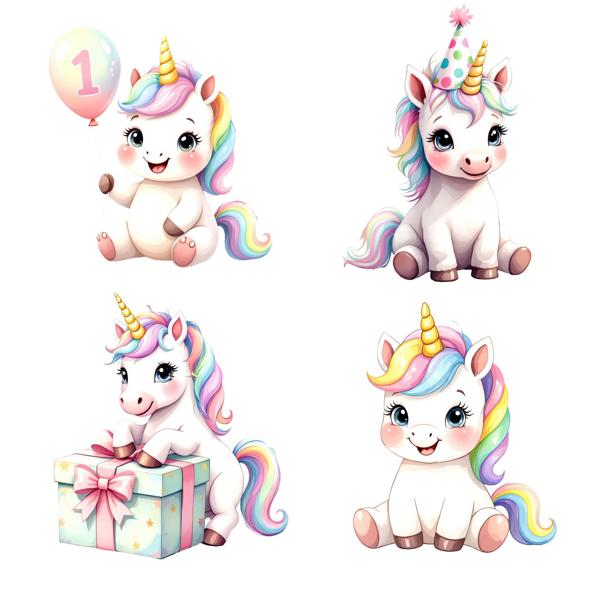 Unicorn Party Clipart Set – Whimsical Rainbow Birthday Graphics, Pastel ...