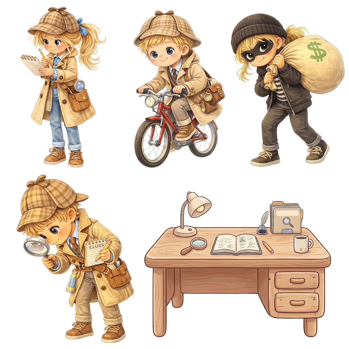 Kid Detective Clipart Bundle, Watercolor Mystery Party PNG, Vintage ...