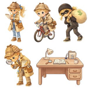 Kid Detective Clipart Bundle, Watercolor Mystery Party PNG, Vintage ...