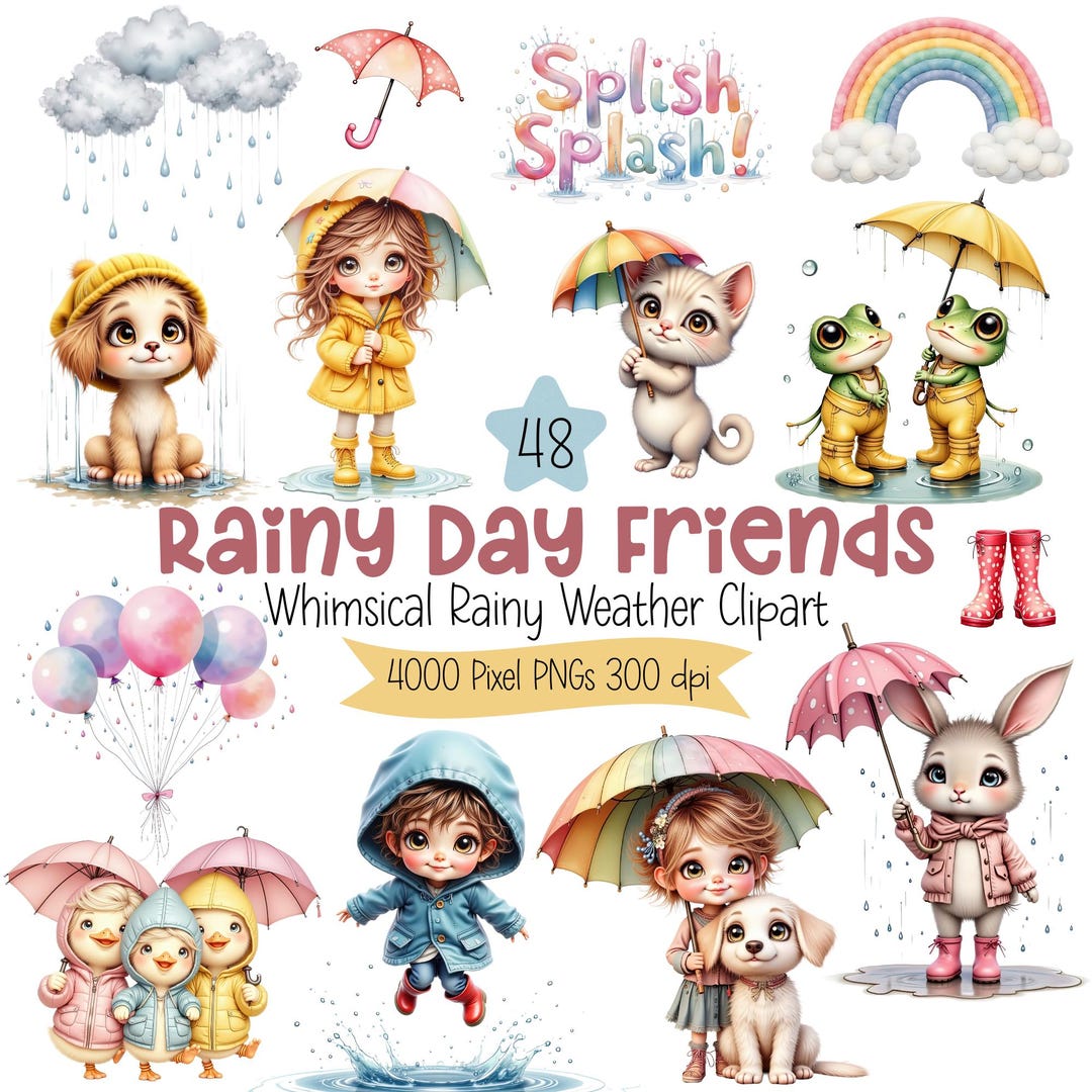 Rainy Day Clipart Bundle, Kids Umbrella PNG Graphics, Spring Weather ...