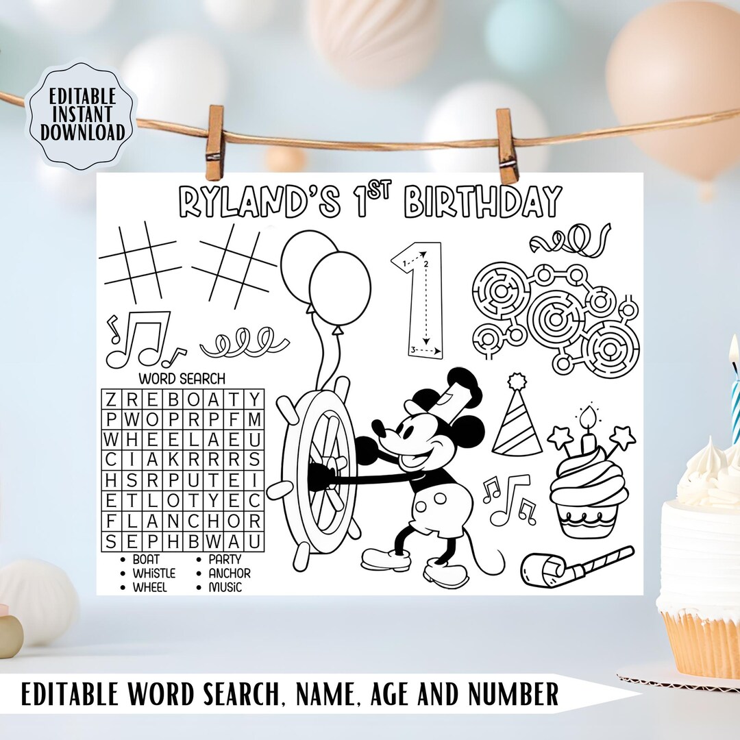 Steamboat Willie Birthday Placemat | Vintage 1928 Cartoon Editable Kids ...