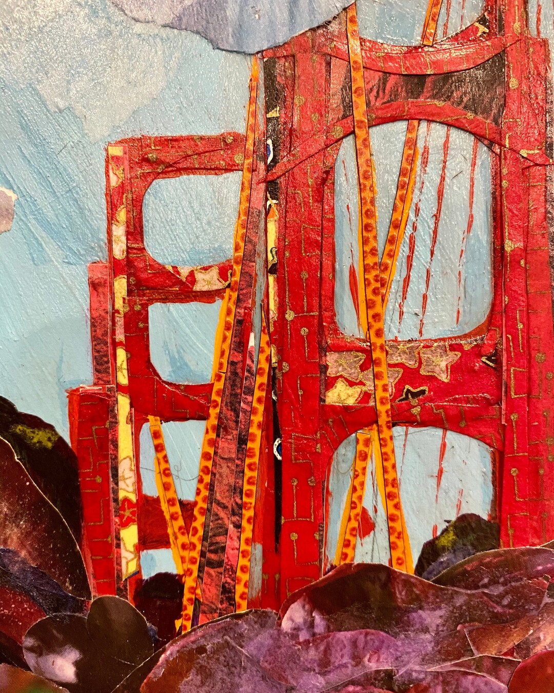 Golden Gate Art, Mixed Media Collage, Outsider Art Painting, Red Blue ...