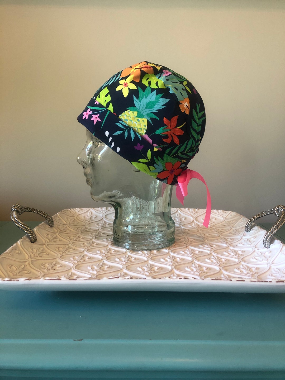 Tropical Print Pixie Scrub Cap: Navy Cotton Scrub Hat With Pink Ribbon ...