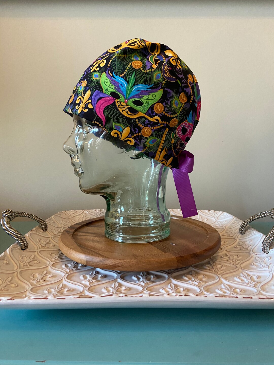 Mardi Gras Print Scrub Cap: Women's Pixie Scrub Hat With Purple Ribbon ...