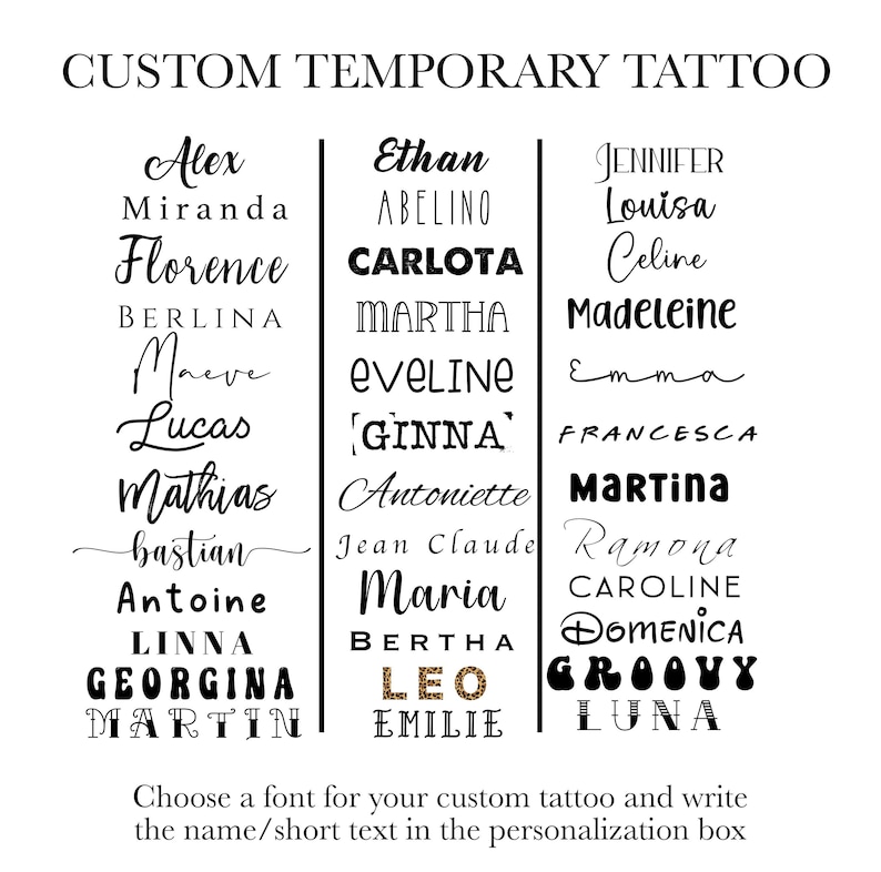 Custom Personalized Name - Font Temporary Tattoo- Set of 3 - Custom ...
