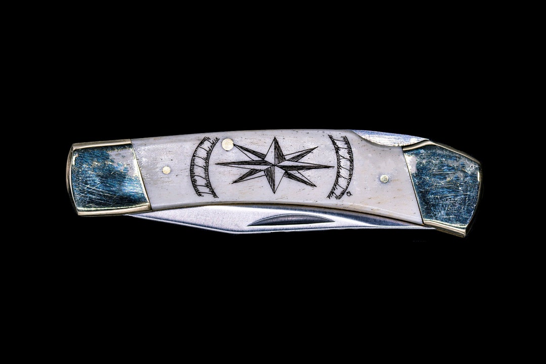 Etched Compass Rose Scrimshaw Collection on Bovine Bone Large Pocket ...
