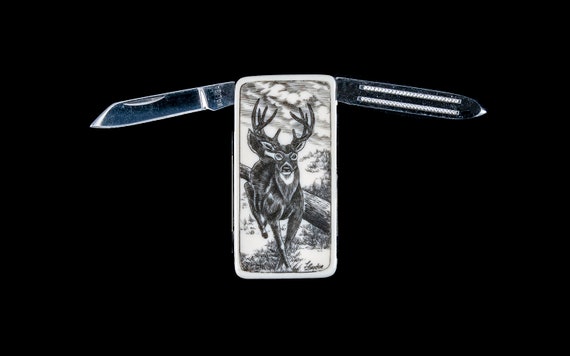 Etched Deer Large Money Clip Knife. Eco Ivory Resin Knife - Etsy
