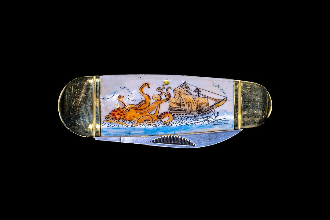 Etched Ship and Octopus Colored Design Scrimshaw Collection Large Dual ...