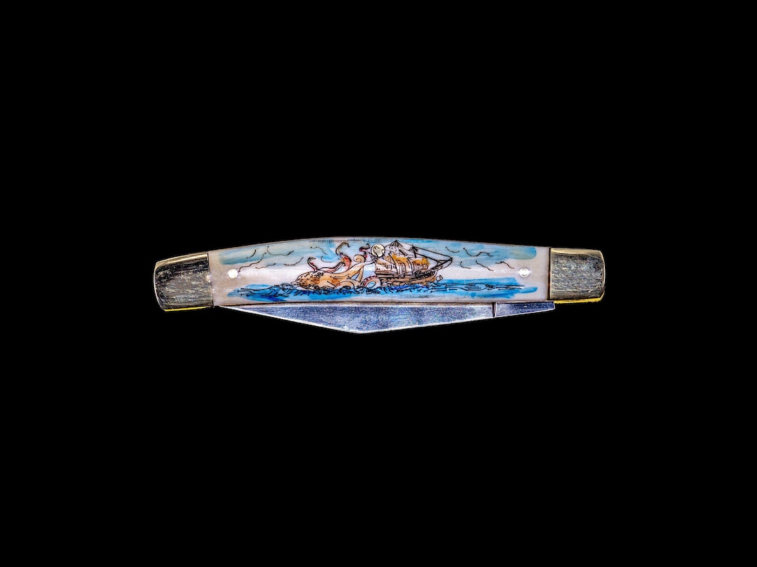 Etched Octopus and Ship Colored Design Scrimshaw Collection Medium Dual ...