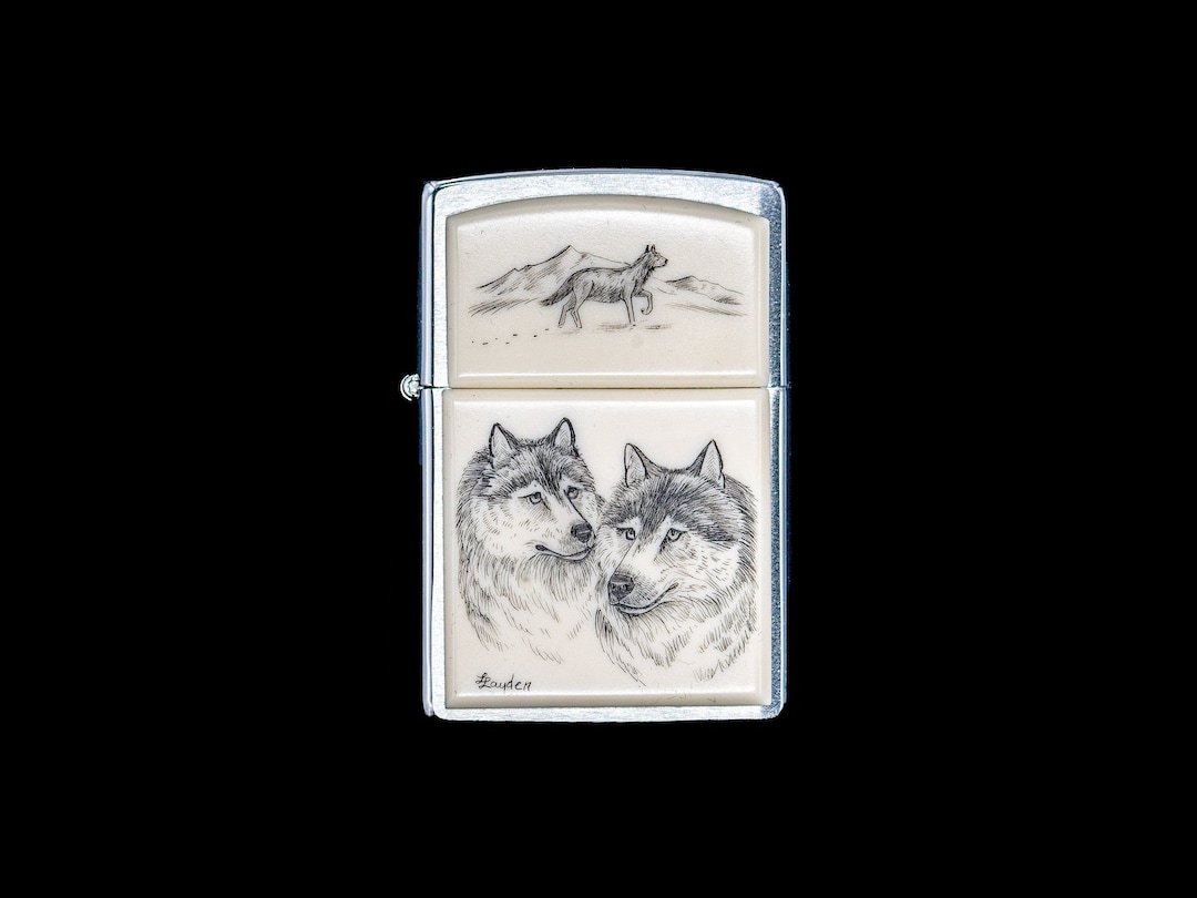 Double Wolf Eco - Ivory Scrimshaw Zippo Lighter. Flip Lighter Wolf ...