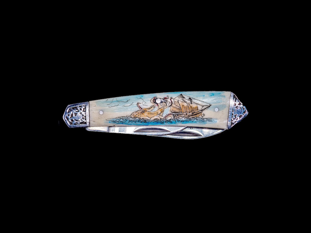 Etched Octopus and Ship Colored Design Scrimshaw Collection Large Dual ...