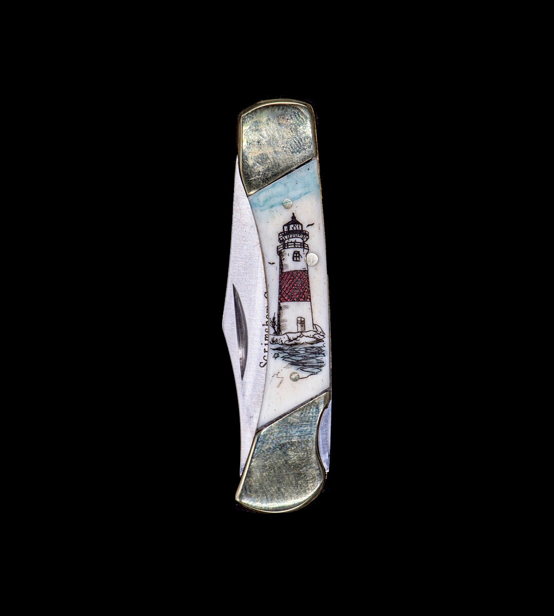Etched Lighthouse Design Colored Ink Scrimshaw Collection on Bovine ...