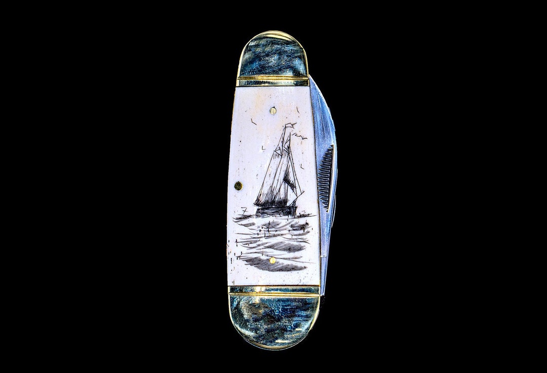 Etched Tall Ship Scrimshaw Collection Large Dual Blade Pocket Knife ...