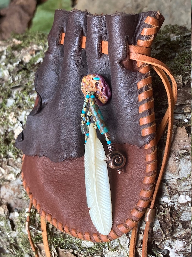 Leather Feather Pouch, Medicine Bag, Genuine Leather Hand Sewn Pouch ...