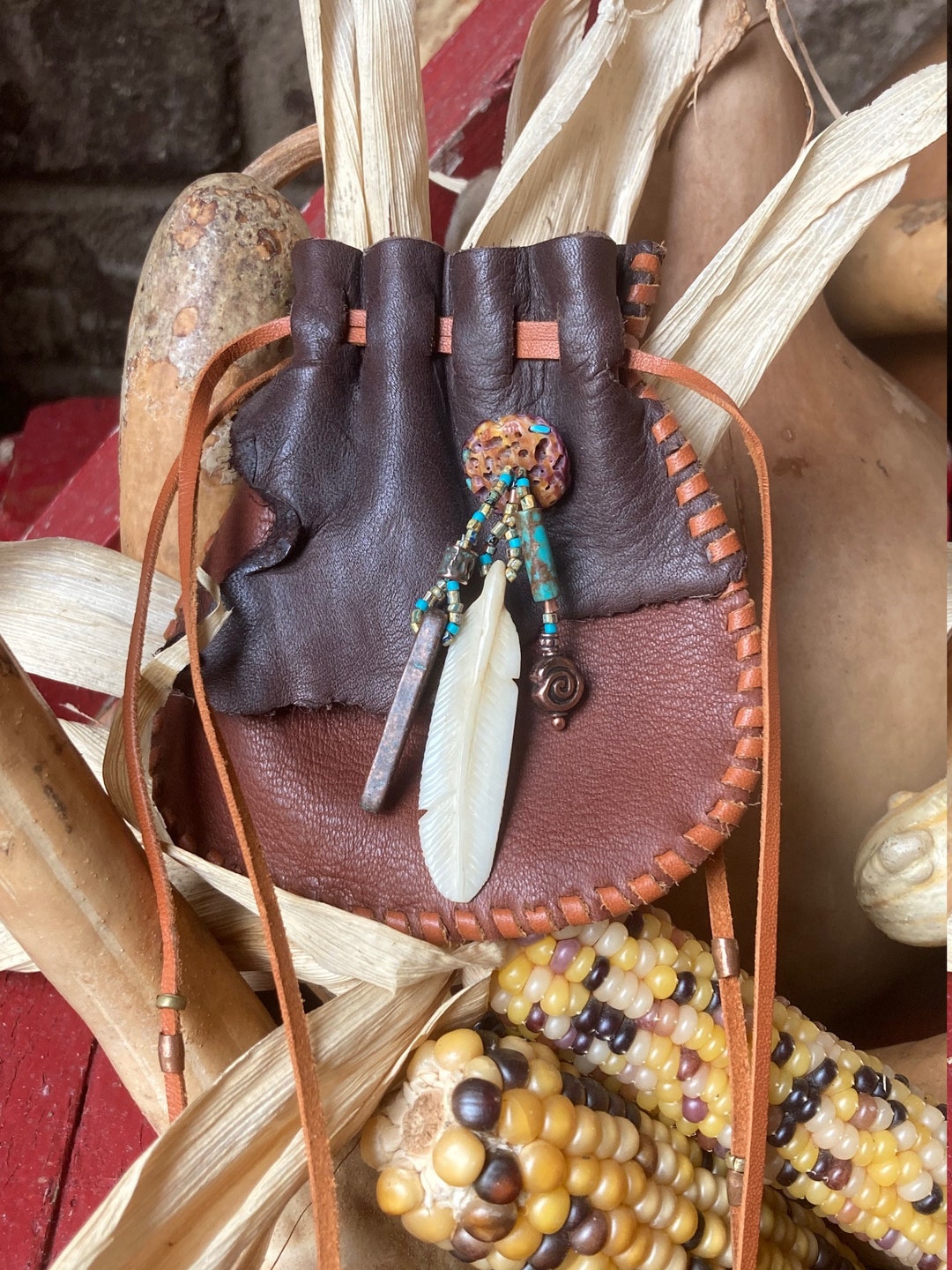 Leather Feather Pouch, Medicine Bag, Genuine Leather Hand Sewn Pouch ...