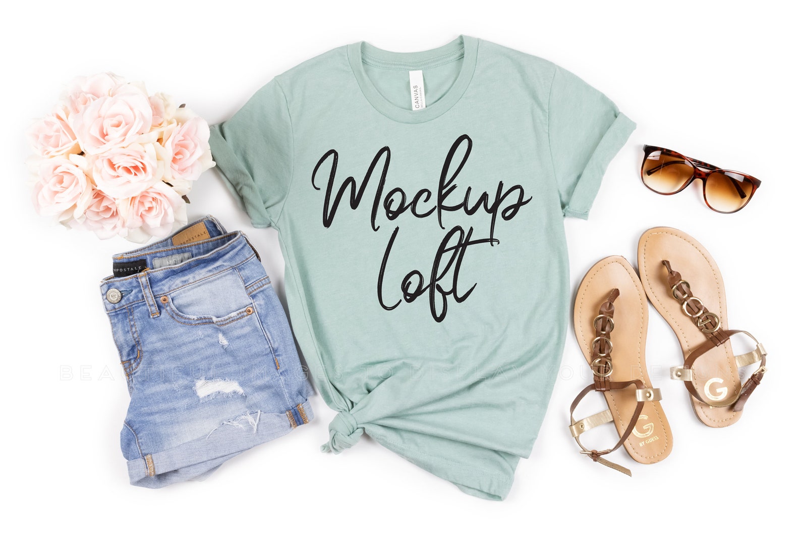 Bella Canvas 3001 Mockup Heather Dusty Blue | Styled Flat Lay | Spring ...