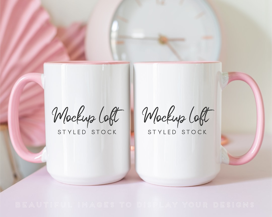 Pink Handle Mug Mockup | 15 Oz. Mug Mockup | Two Mugs Mockup | 15 Ounce ...