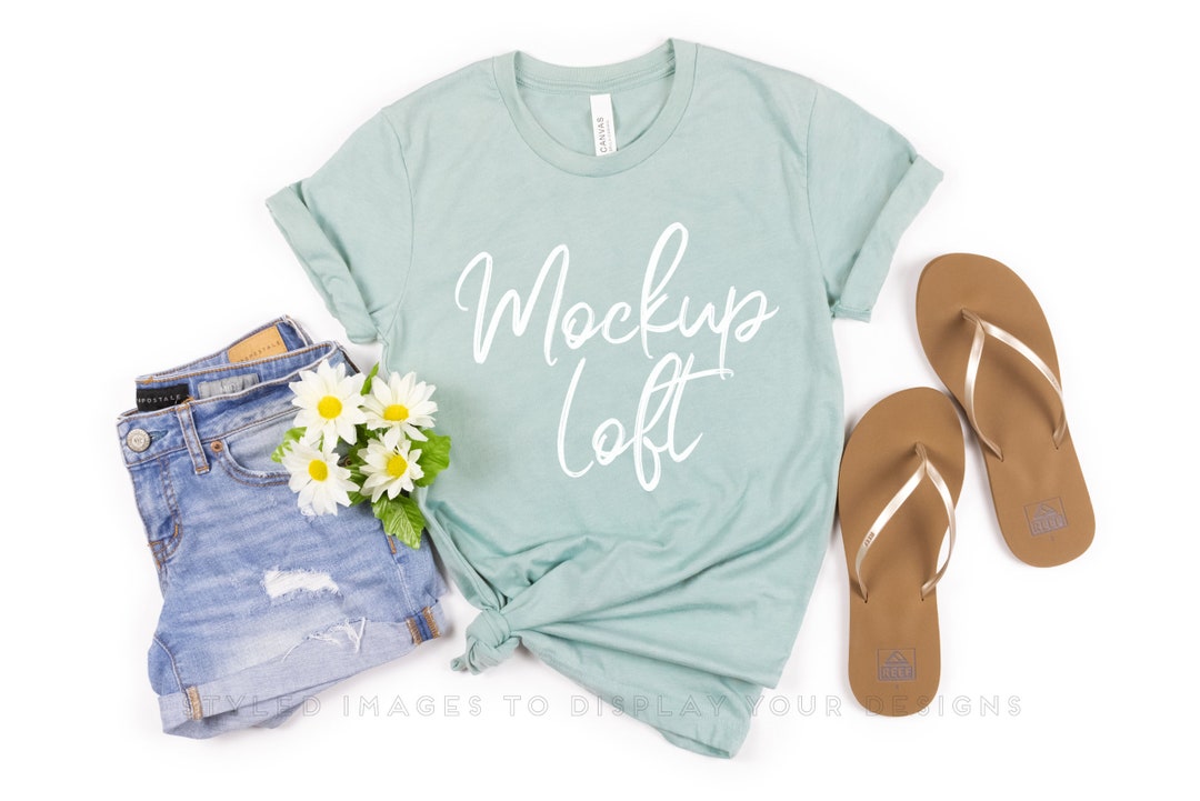 Bella Canvas 3001 Mockup Heather Dusty Blue | Styled Flat Lay | Summer ...