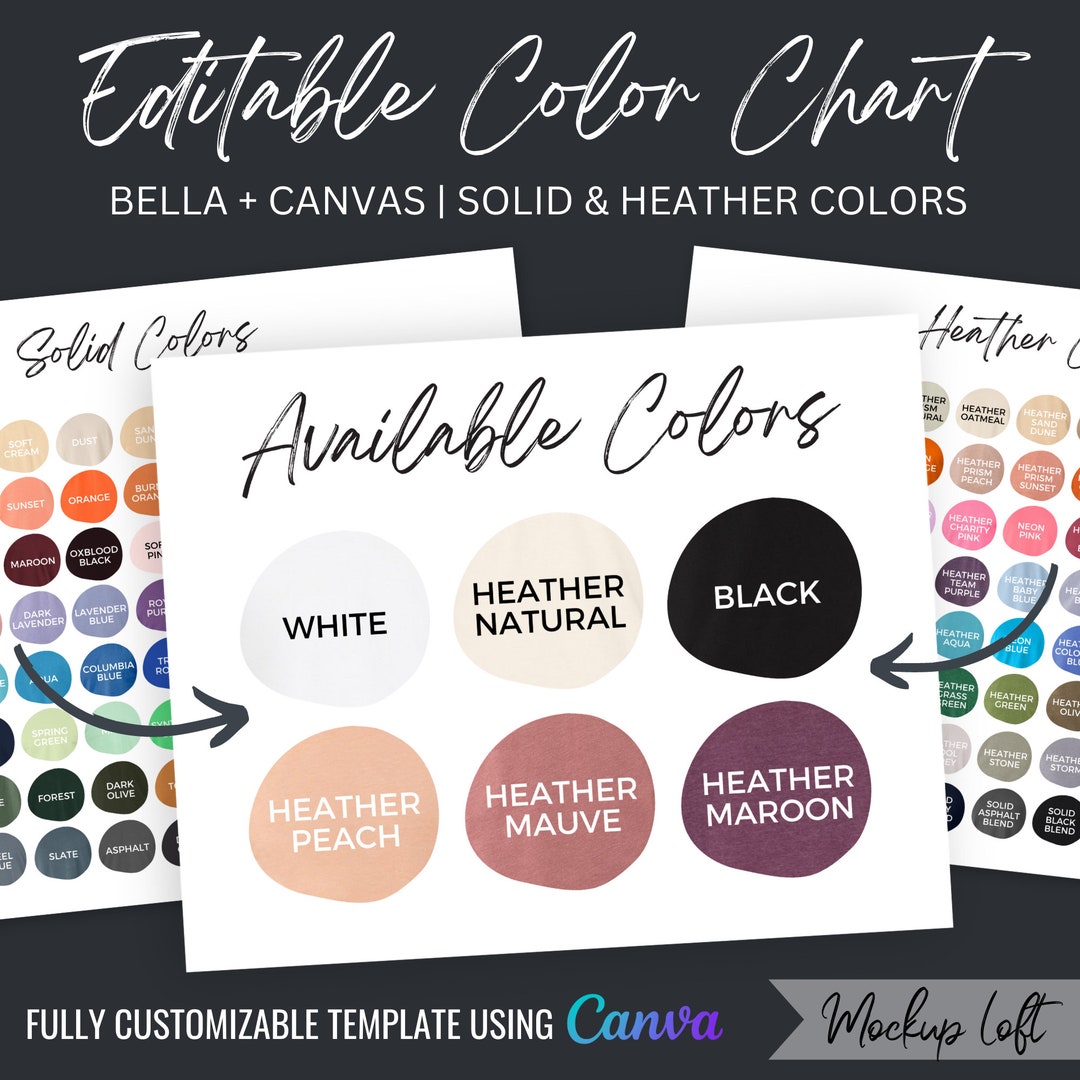 Bella Canvas Color Chart | Editable Canva Template | Solid and Heather ...