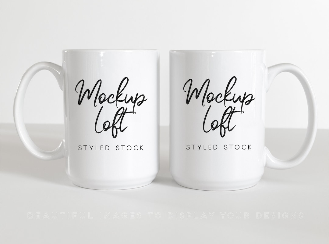 Front and Back Mug Mockup | 2 - 15 Oz. Mugs Mockup | Side by Side White ...