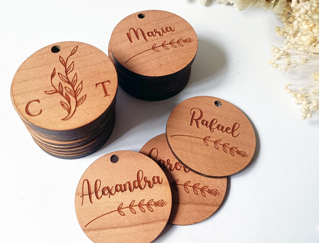 Double-sided Engraved Wooden Tags – Custom Name & Logo – Round ...