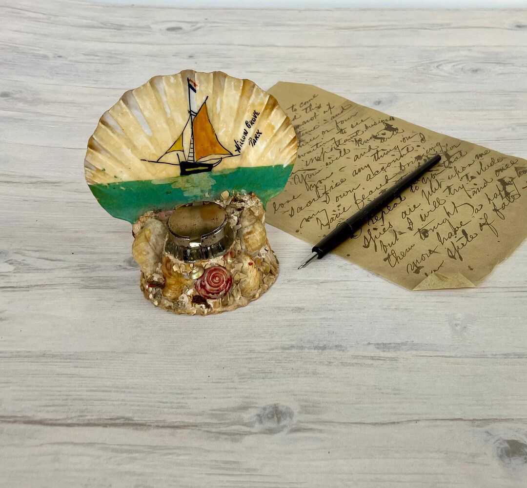 Antique Seashell Inkwell With Painted French Ship, Victorian Edwardian ...