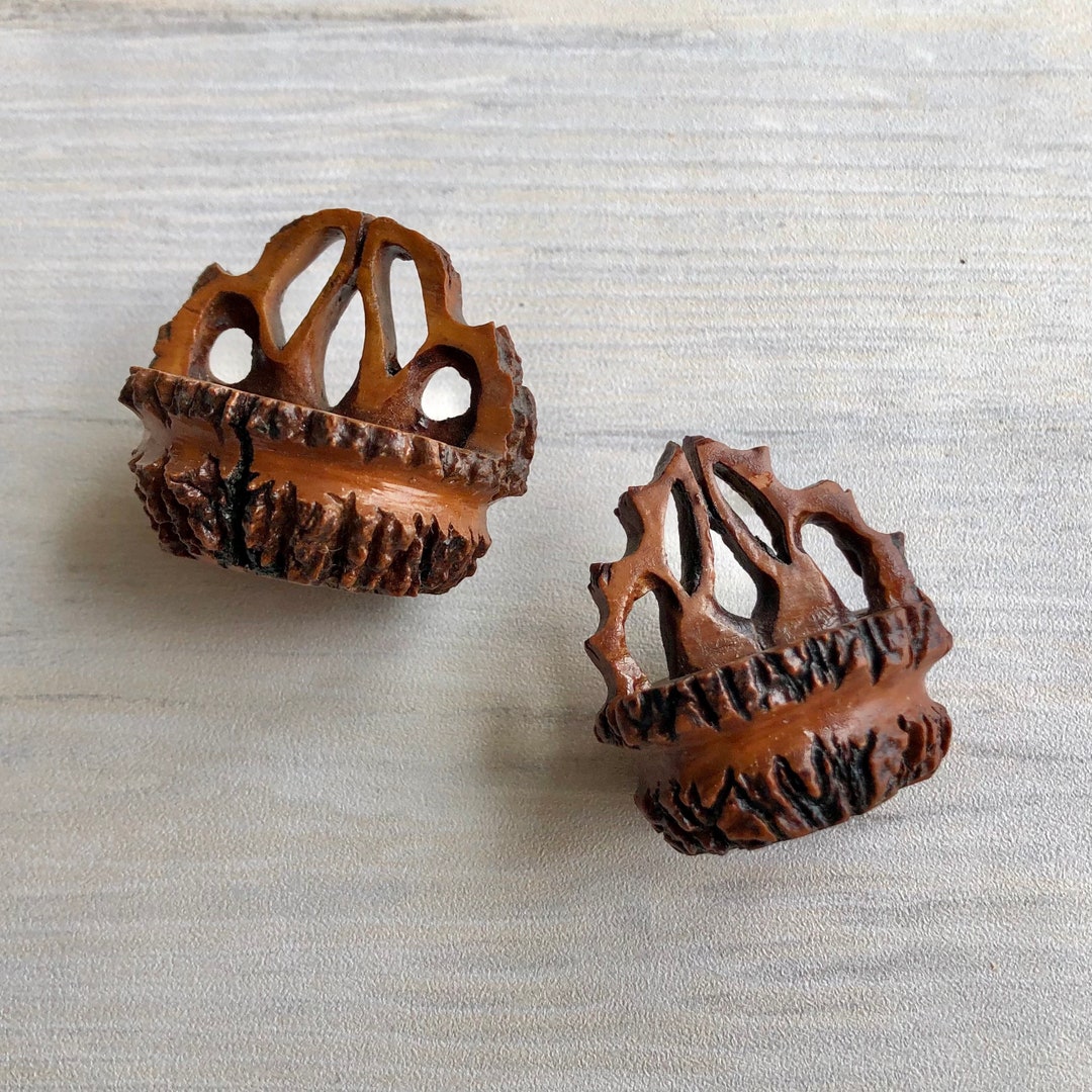 Pair Vintage Folk Art Carved Peach Pits, Elaborately Carved Fruit Pits ...